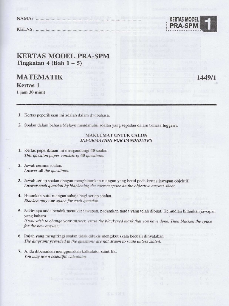 (SET 1) Kertas Model PRA-SPM (K1 & K2) | PDF