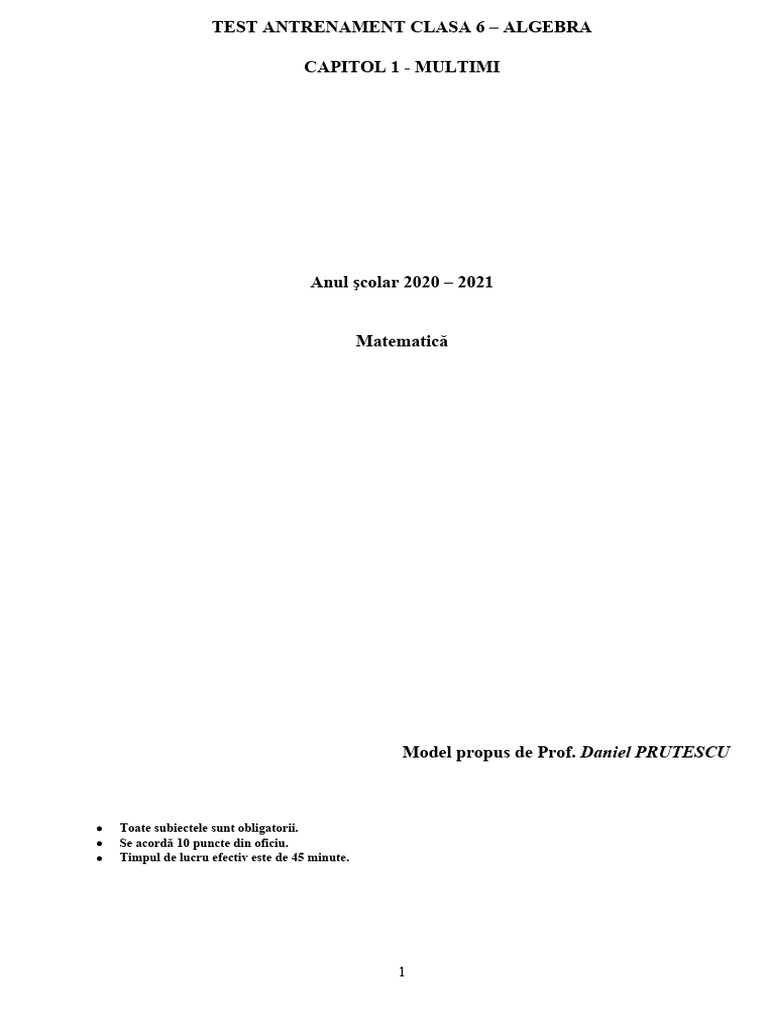 Test Antrenament Clasa 6 Capitol 1 Multimi 2 | PDF