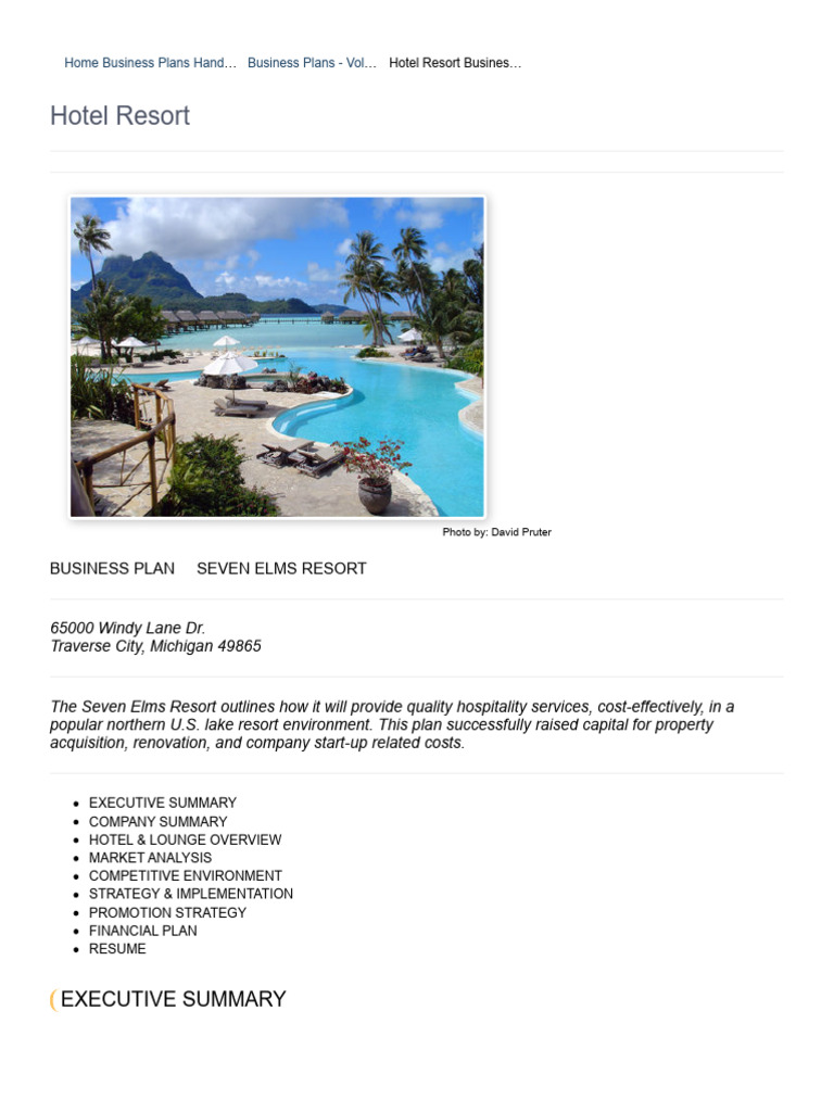 Hotel Resort Business Plan - Executive Summary, Company Summary, Market ...