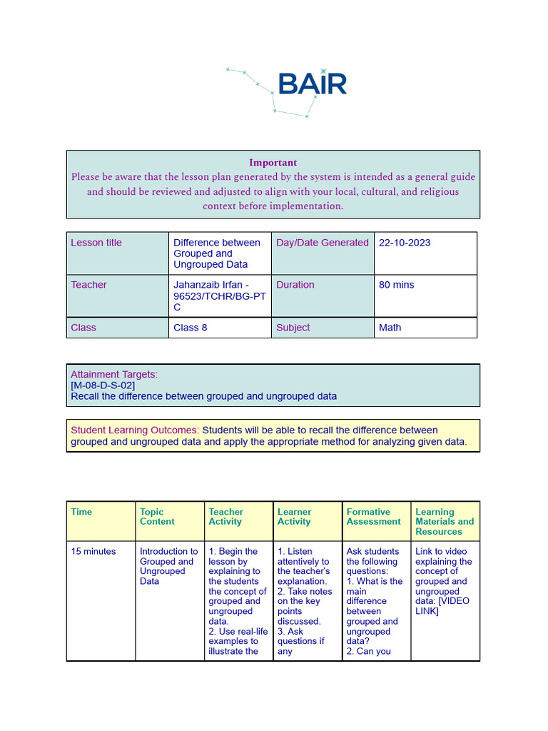 BAIR Lesson Plan - Math - Class 8 - 22-10-2023-1 | PDF