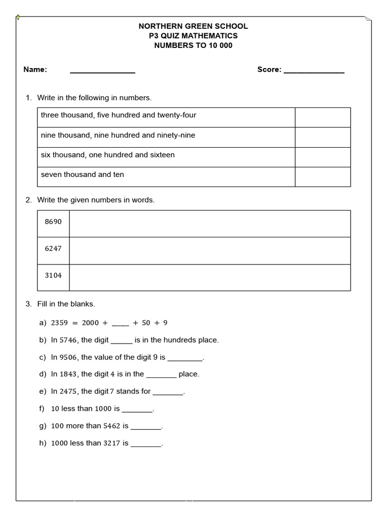 P3 Mathematics Quiz: Numbers to 10,000 | PDF | Teaching Methods & Materials