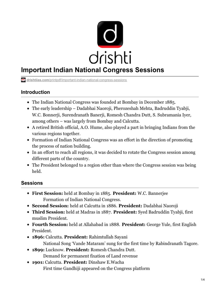 Important Indian National Congress Sessions | PDF