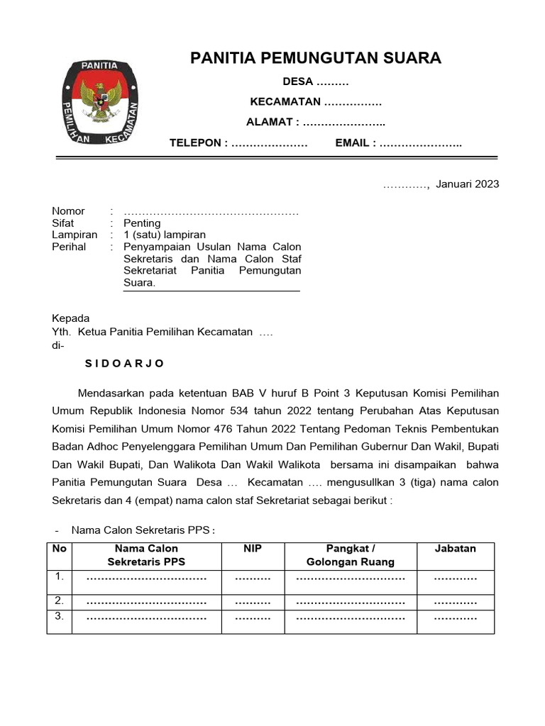 Surat Usulan Sekretariat PPS Pemilu 2024 | PDF