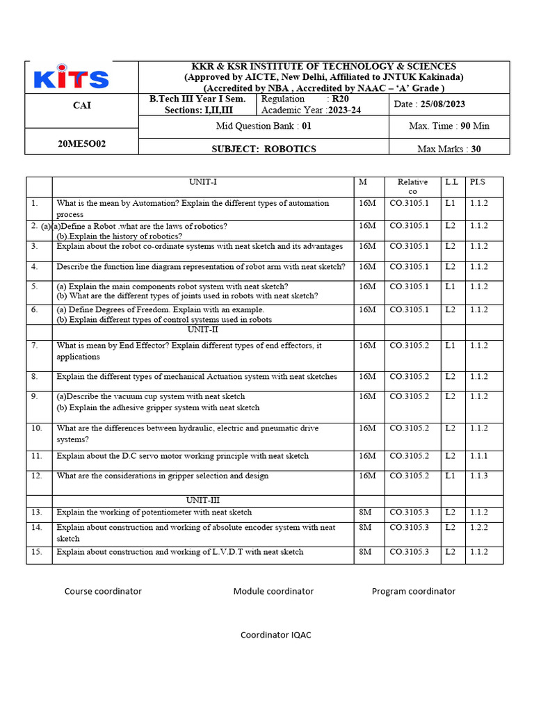 CAI Robotics Question Bank | PDF | Robot | Robotics