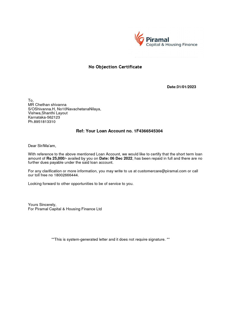 Piramal Finance No Objection Certificate | PDF