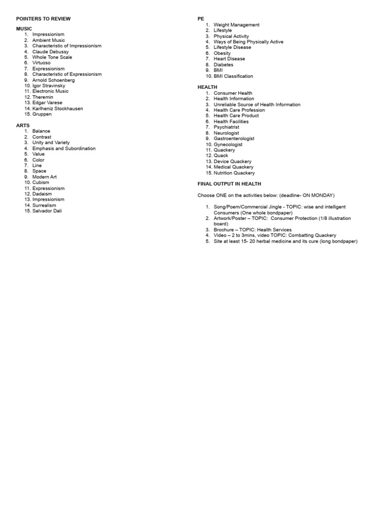 Pointers To Review Mapeh 10 | PDF | Health Care | Medicine