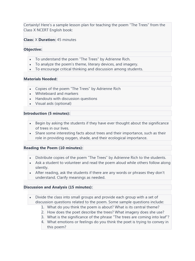 Lesson Plan The Trees Class X | PDF | Poetry | Lesson Plan