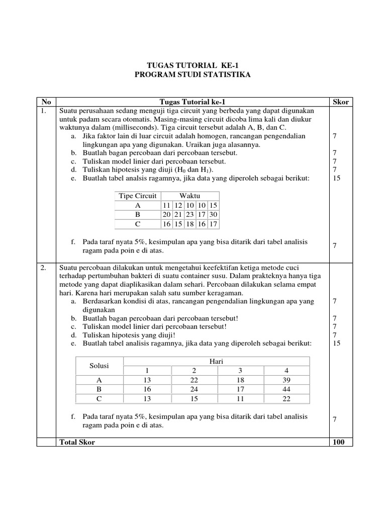 Tugas Tuton 1 Rancangan Percobaan (SATS4222) - 20232 | PDF