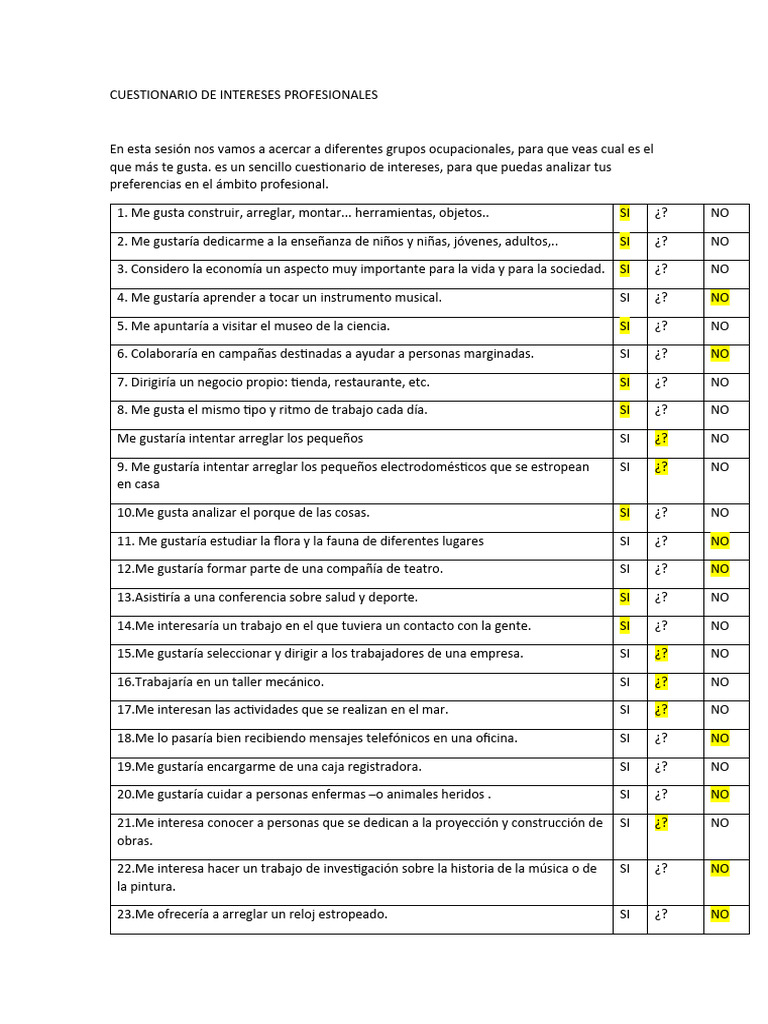 Cuestionario de Intereses Profesionales | Descargar gratis PDF | Ingeniería