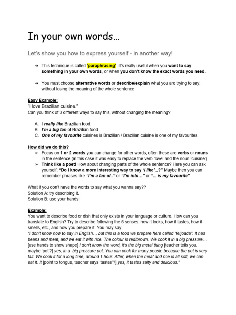 In Your Own Words | PDF | Word | Verb