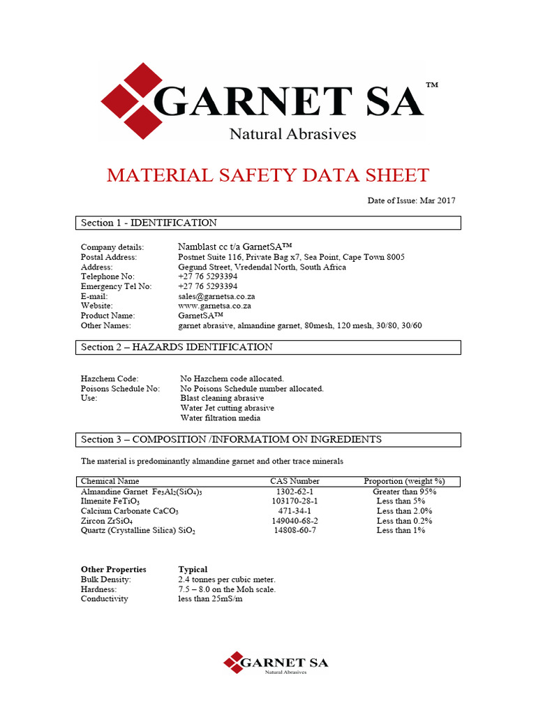 Garnet SA MSDS V 2 | PDF