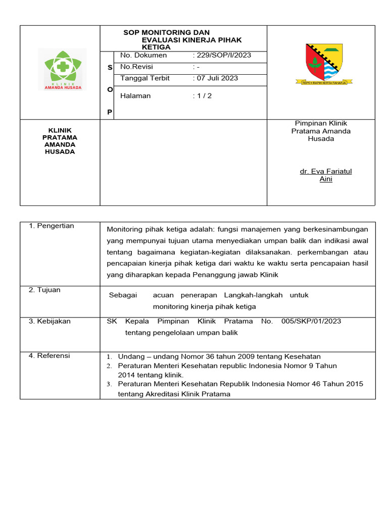 Sop Monitoring Dan Evaluasi Kinerja Pihak Ketiga | PDF | Bisnis