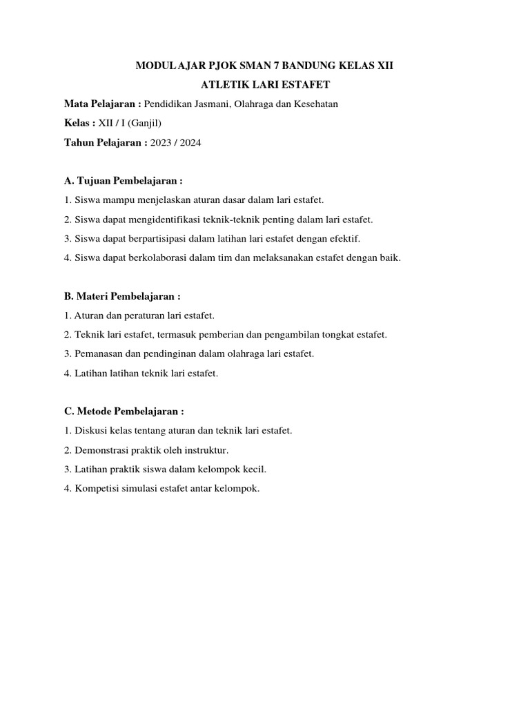 Modul Ajar Atletik Lari Estafet Pjok Sman 7 Bandung Kelas Xii | PDF ...