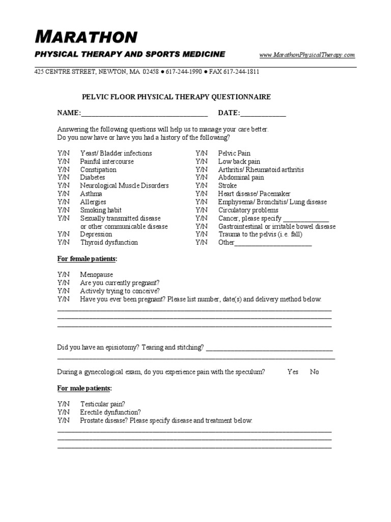 Pelvic Floor Physical Therapy Questionnaire | PDF | Urination | Anxiety