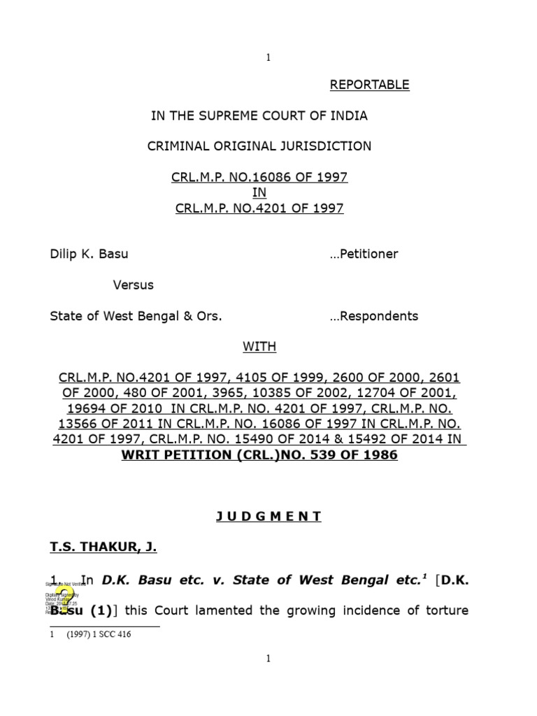 DK Basu Vs State of West Bengal 2015 | PDF | Arrest | Detention ...