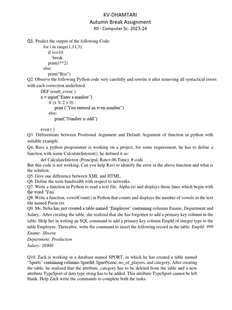 Autumn Break Assignment 2023-24 XII CS | PDF | Table (Database) | Function (Mathematics)
