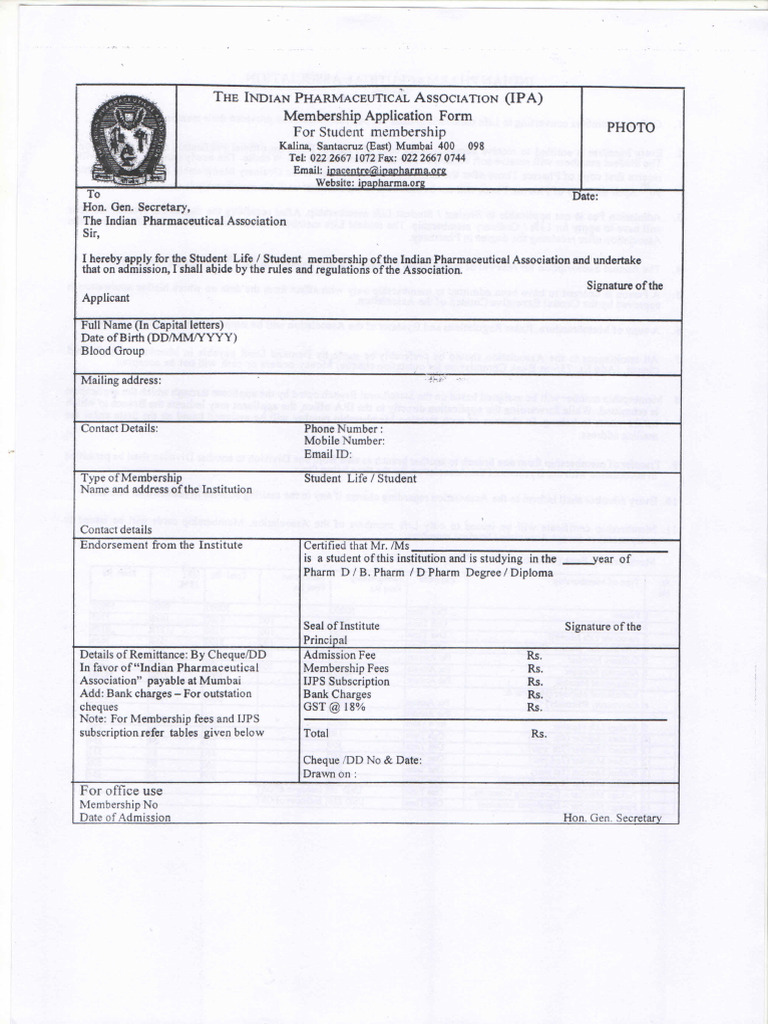 IPA Student Membership Form 2019 | PDF