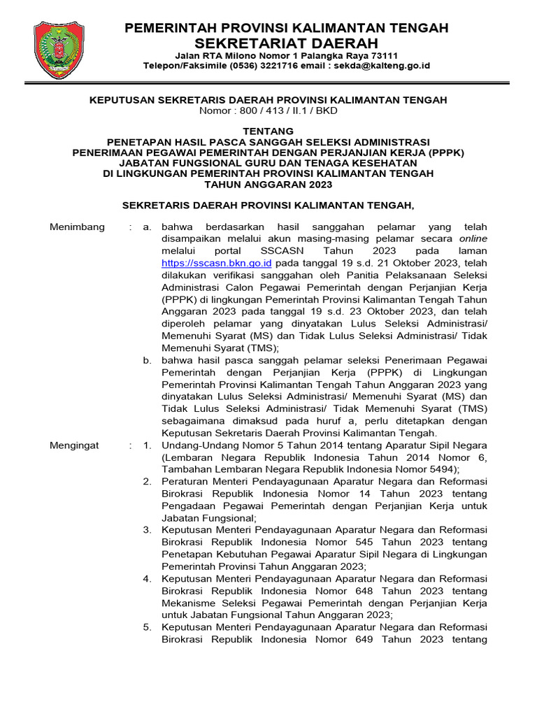 Pengumuman Hasil Pasca Sanggah Seleksi Administrasi Casn 2023 Oktober 2023 Rilis 1 | PDF