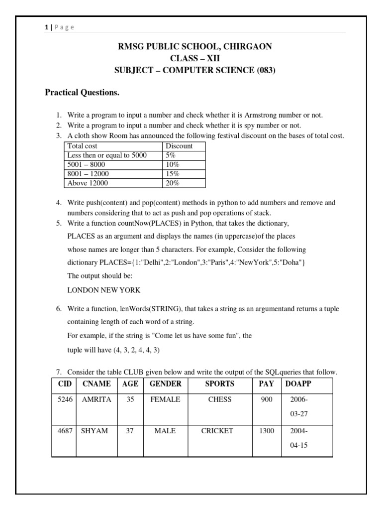 XII Practical QP 2023 24 | PDF | Mathematical Logic | Computer Programming