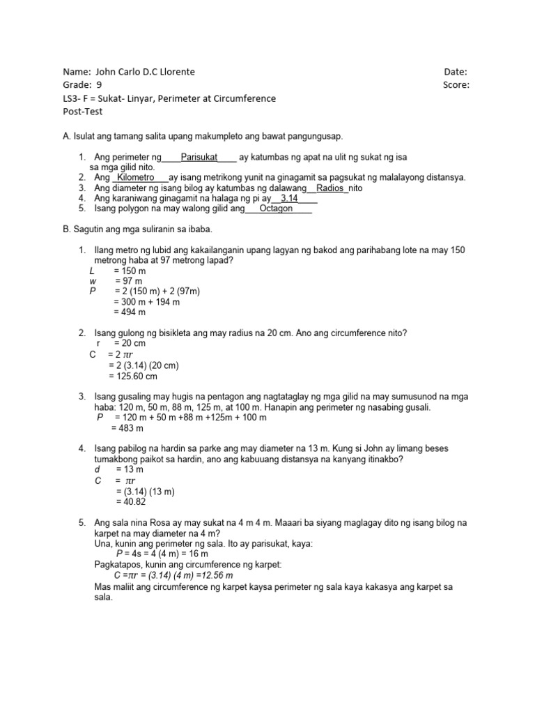 Sukat - Linyar, Perimeter at Circumference Post-Test | PDF