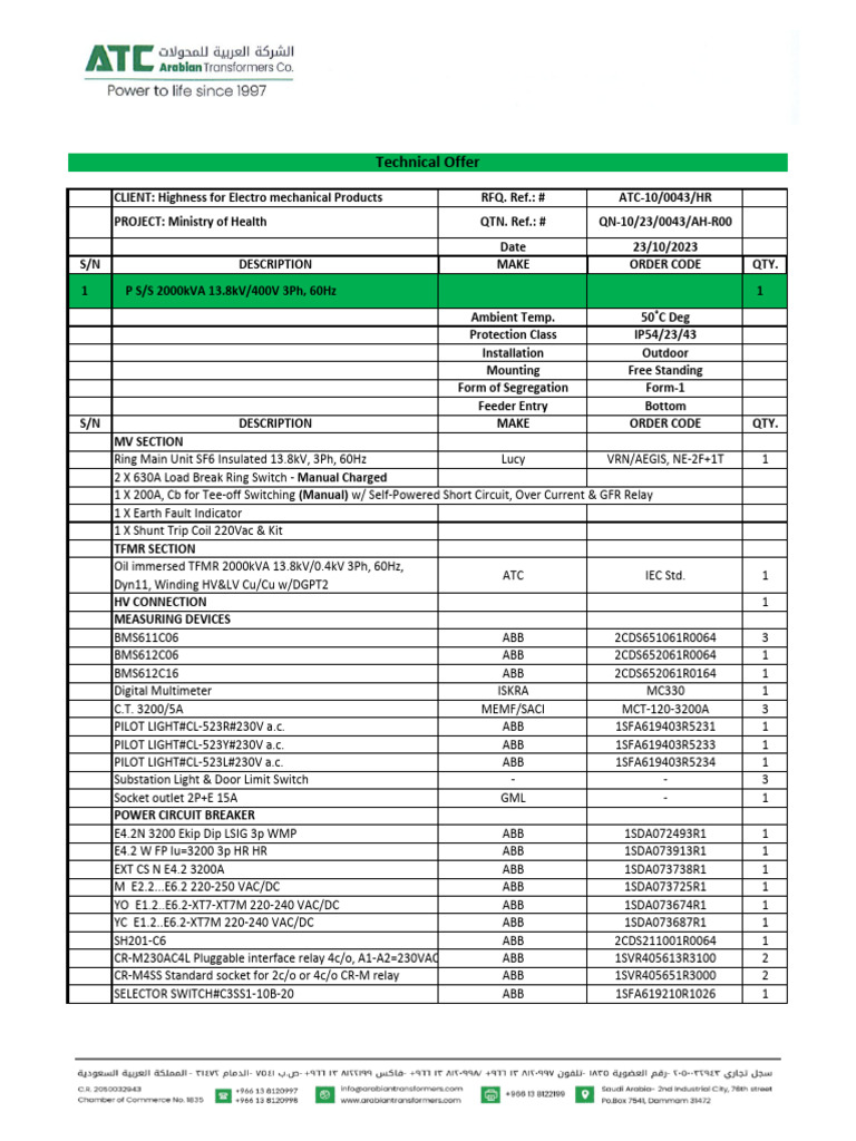 Techno-Commercial Offer - QN10-23-0042-AH-R00 - Ministry of Health | PDF | Electrical ...