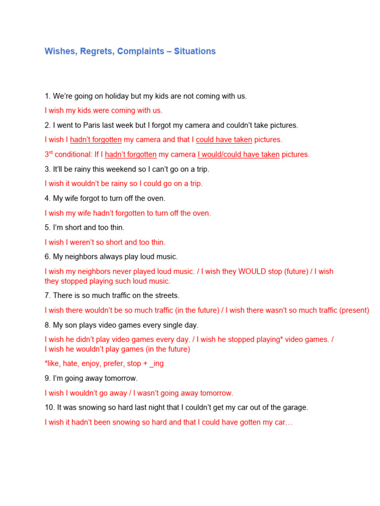 Wishes, Regrets, Complaints - Situations | PDF
