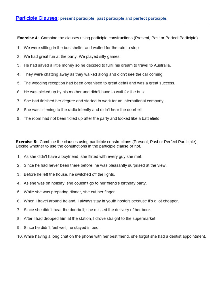 Participle Clauses Exercises 4 5 6 7 | PDF