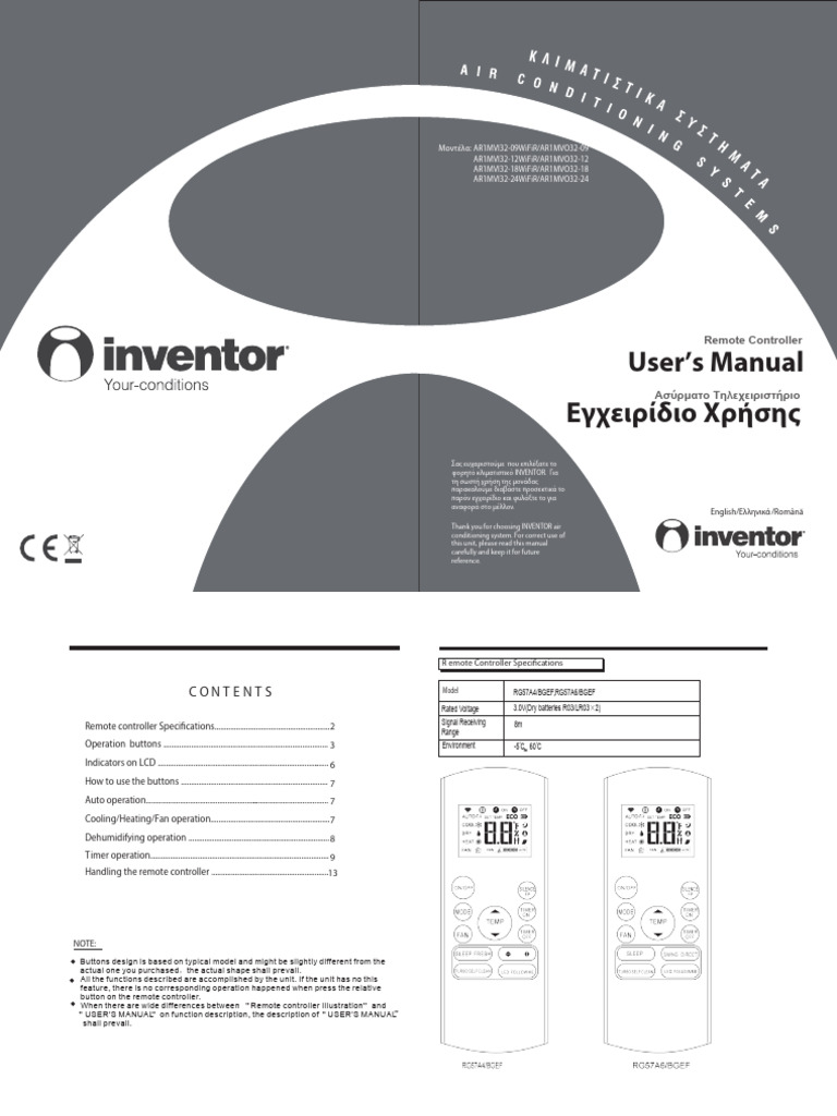 Inventor ARIA Users Manual Remote Controller Aria ENG GR | PDF