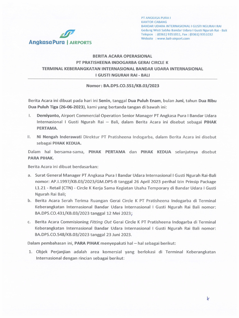 Berita Acara Operasional Circle K Gate 6 | PDF