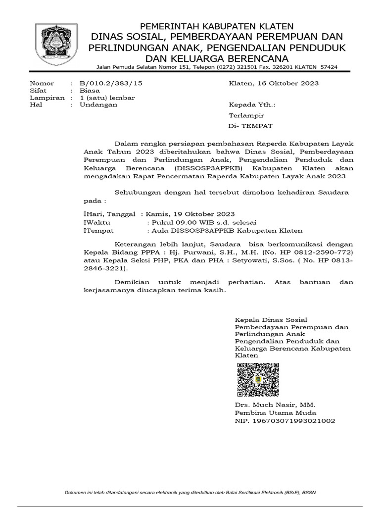 869 Undangan Raperda KLA | PDF