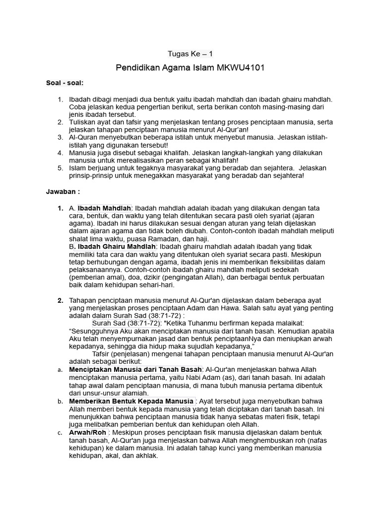 Tugas Ke-1 Pendidikan Agama Islam MKWU4101 - Erlangga (051355404) | PDF | Agama & Spiritualitas