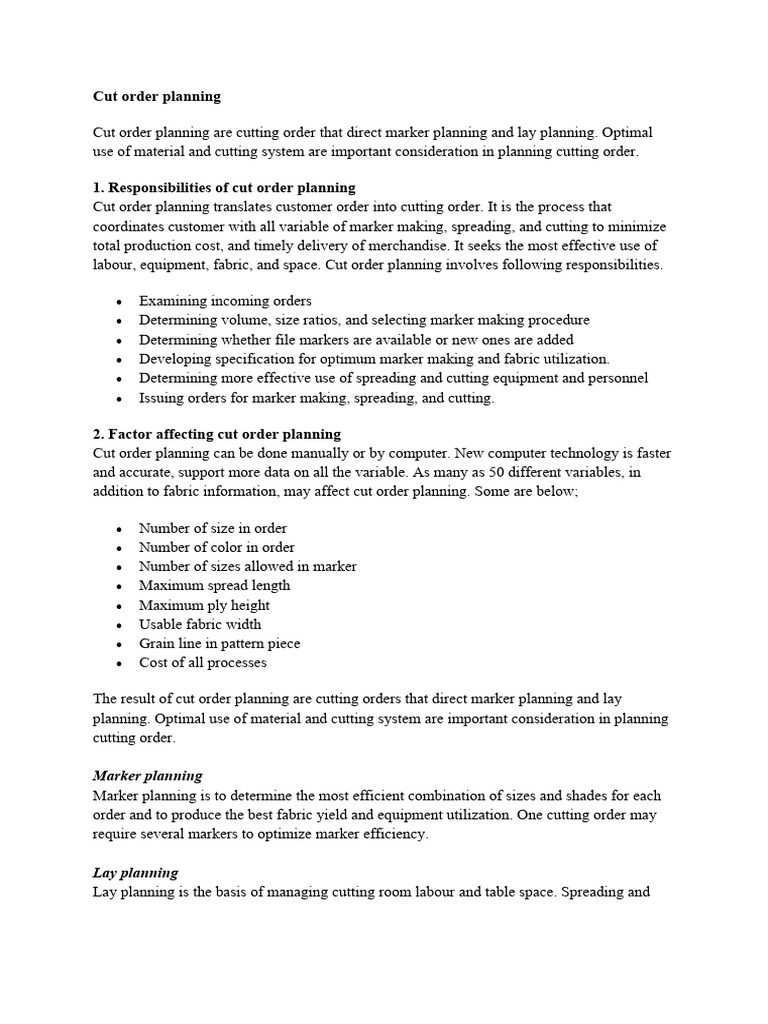 Cut Order Planning | PDF