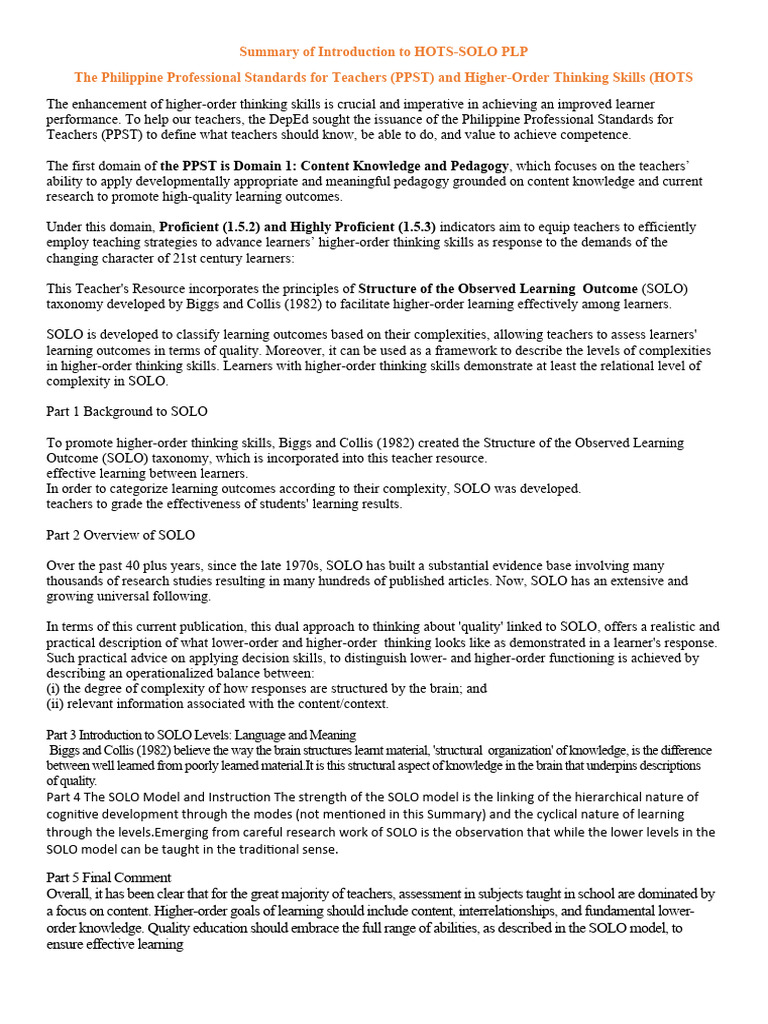 Summary-of-Introduction-to-HOTS-SOLO-PLP, Summarized by Elinita C. Manalo | Download Free PDF ...