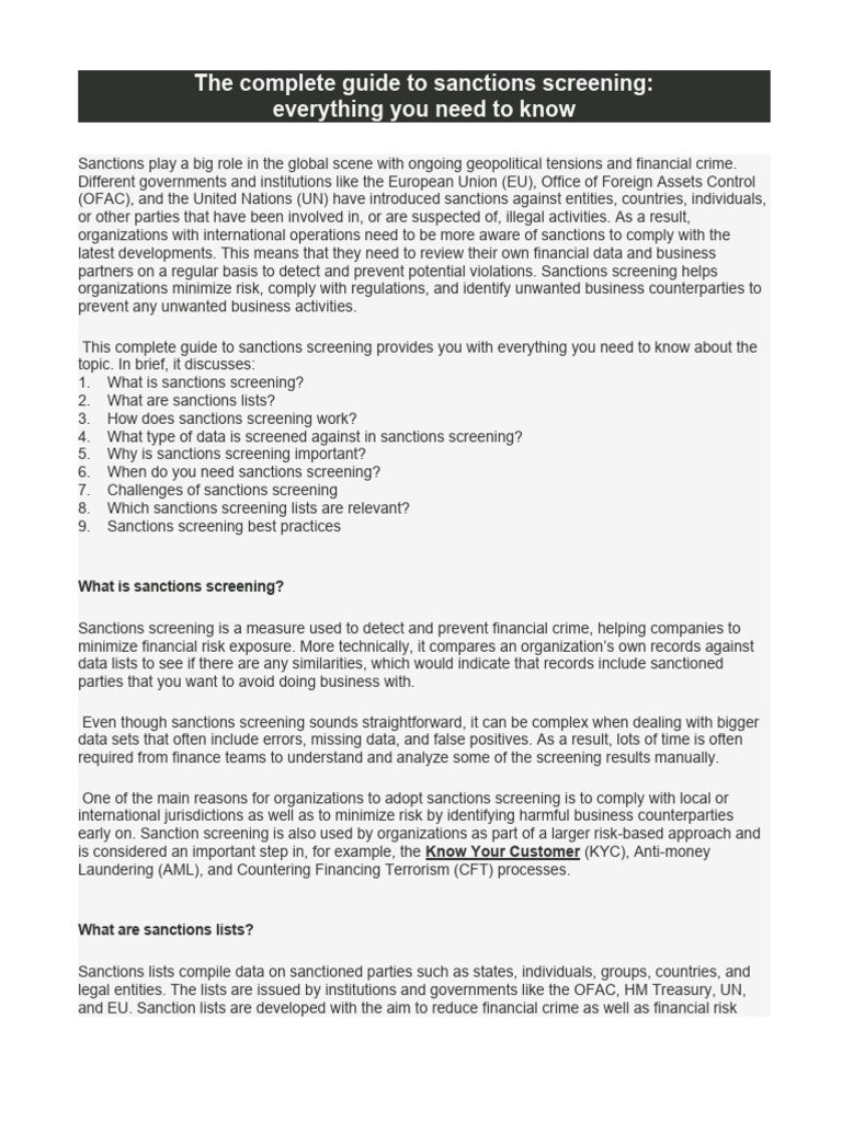 The Complete Guide To Sanctions Screening | PDF | Money Laundering ...