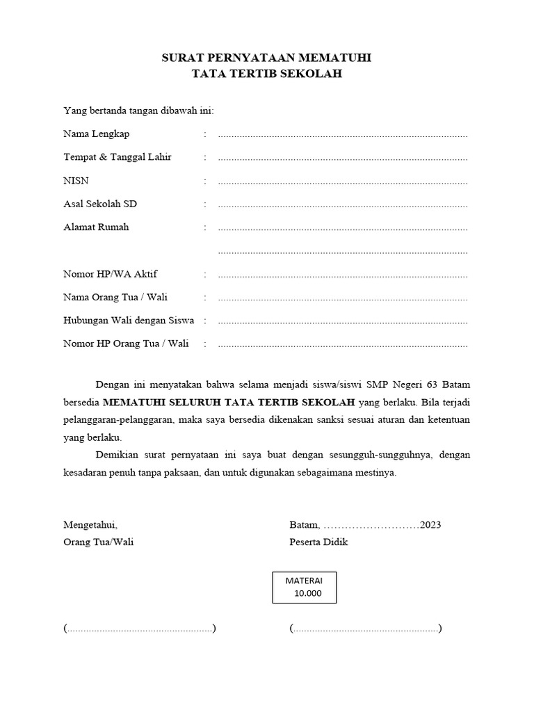 Surat Pernyataan Mematuhi Tata Tertib Sekolah | PDF