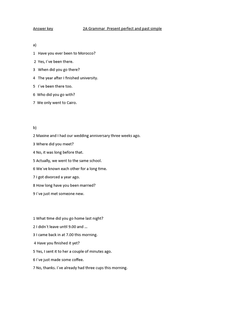 Answer Key 2A GRAMMAR Present Perfect and Past Simple | PDF