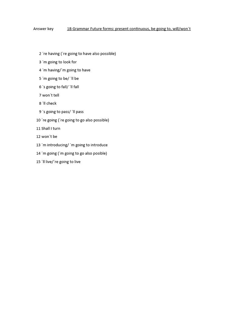 Answer Key 1B Grammar Future Forms | PDF