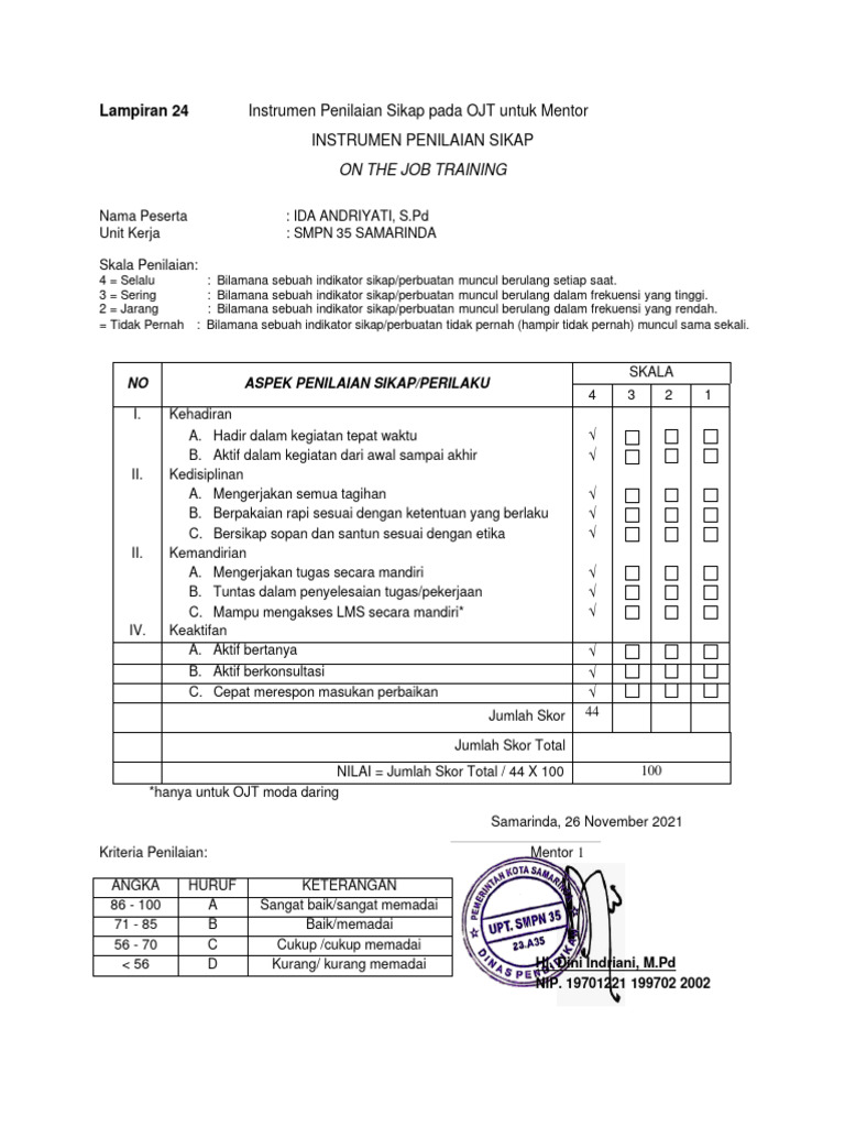 Instrumen Penilaian Sikap Pada OJT Untuk Mentor 2 | PDF