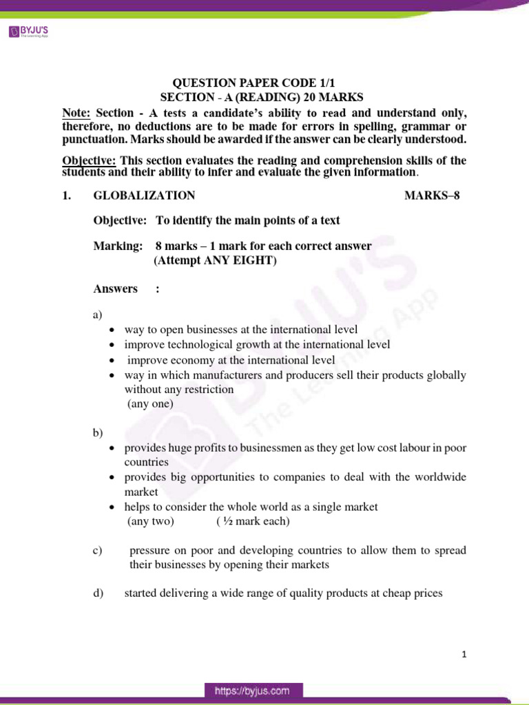 CBSE Class 10 English Communicative Previous Year Question Paper Solution 2018 Set 1 1 | PDF ...