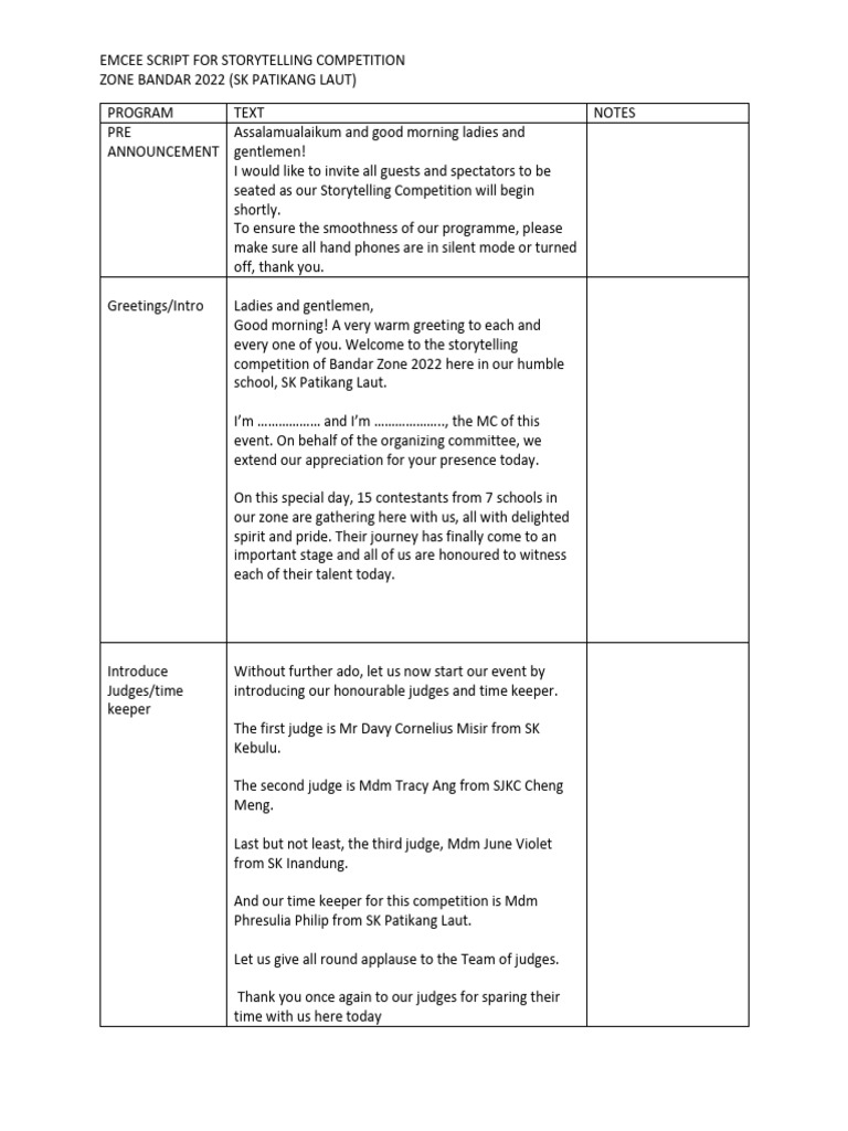 Emcee Script for Storytelling Contest | PDF | Home & Garden