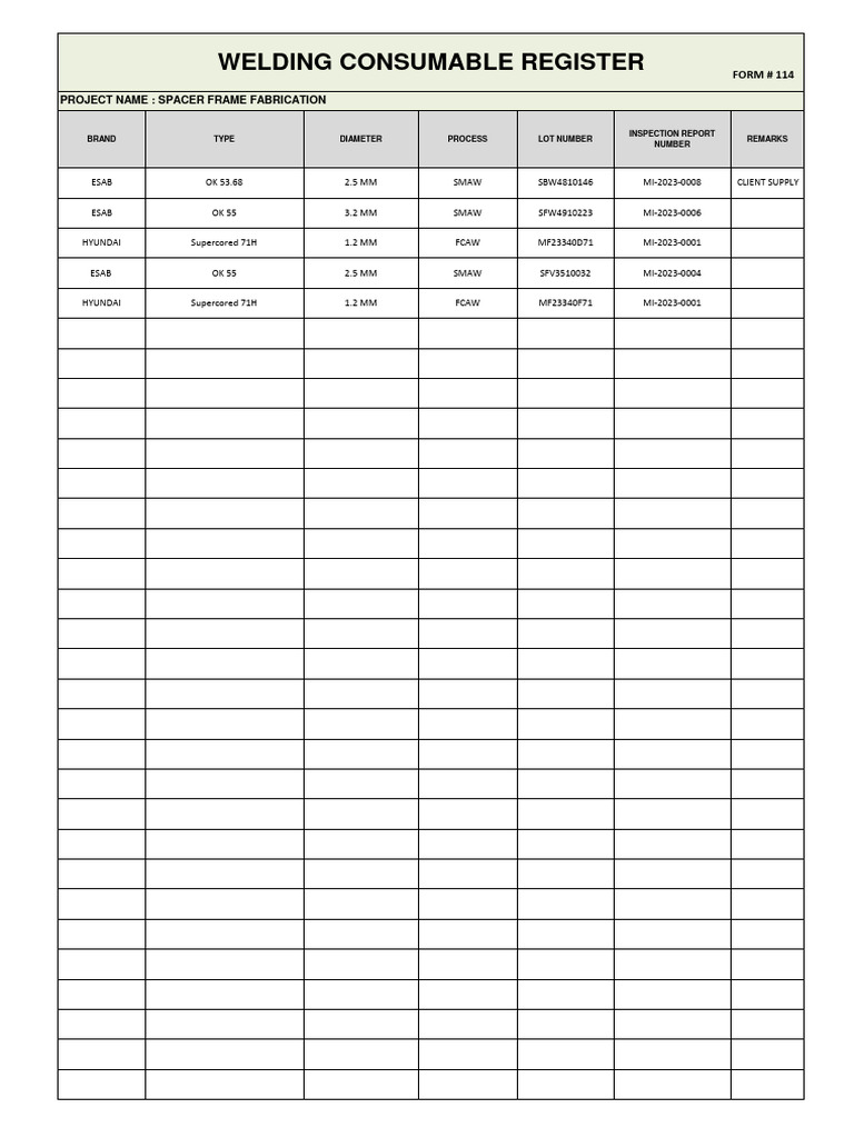 Welding Consumable Register (Form#114) | PDF