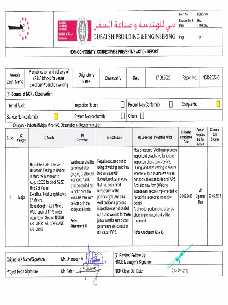 NCR-2023-3 (Closed Out Report) | PDF