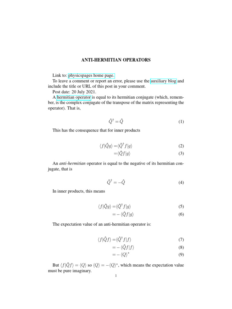 Anti-Hermitian Operators | PDF | Algebra | Linear Algebra