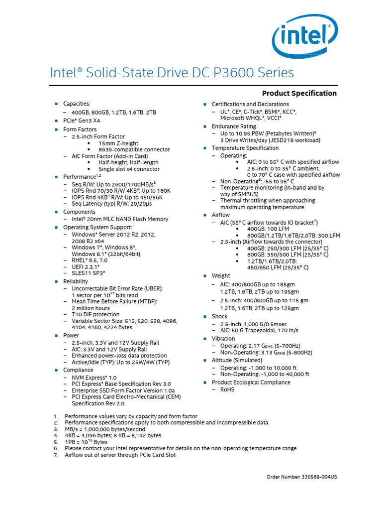Intel SSD DC P3600 Series PCIe Product Specification-004 | PDF