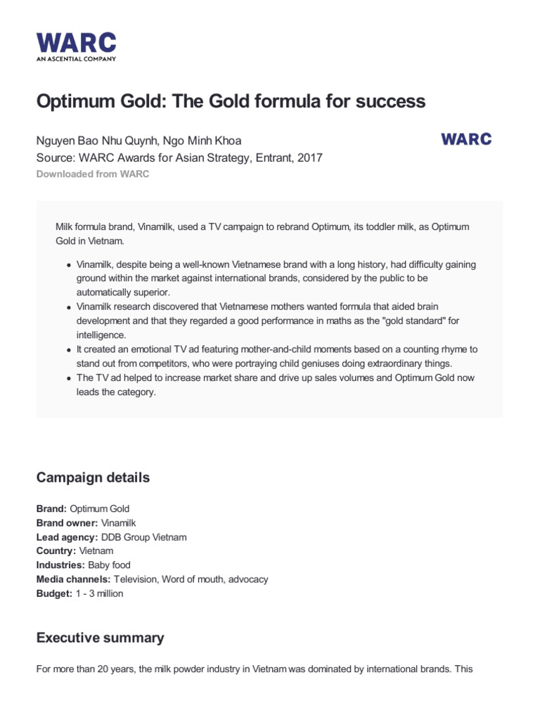 Case Study - Vinamilk Optimum Gold | PDF
