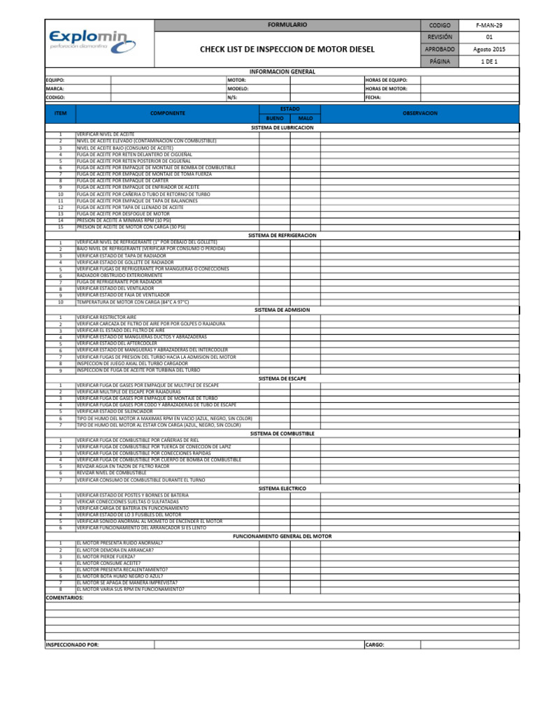 Checklist de Inspección de Motor Diesel | PDF