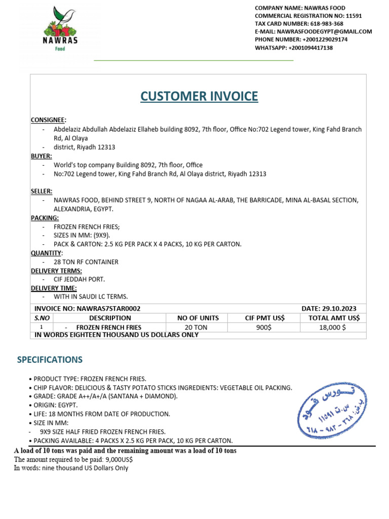 Customer Invoice Nawras To Fathi 2 | PDF