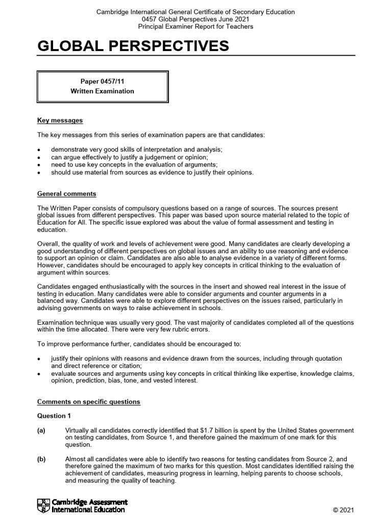 Global Perspectives: Paper 0457/11 Written Examination | PDF | Argument ...