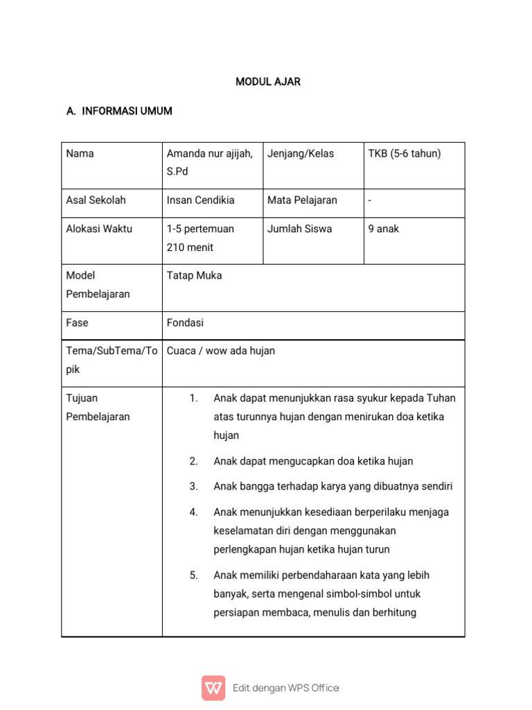 Amanda Nur Ajijah - 1202100007 - 6a - Modul Ajar - Hujan | PDF