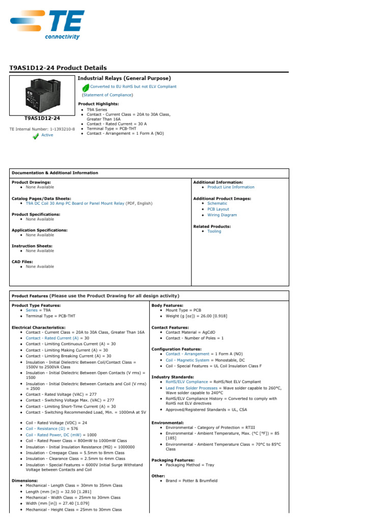 AMP T9AS1D12 24 Datasheet | PDF | Relay | Insulator (Electricity)